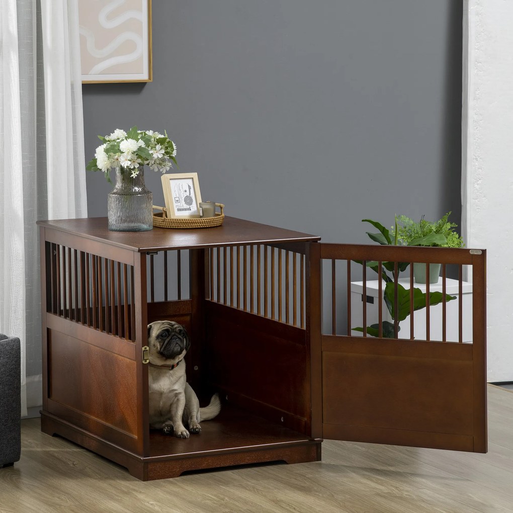 PawHut klec pro psy se stolovou deskou stylová psí bouda pro středně velké psy vnitřní uzamykatelné dveře hnědá 80,5x59,5x67,5cm | Aosom.de