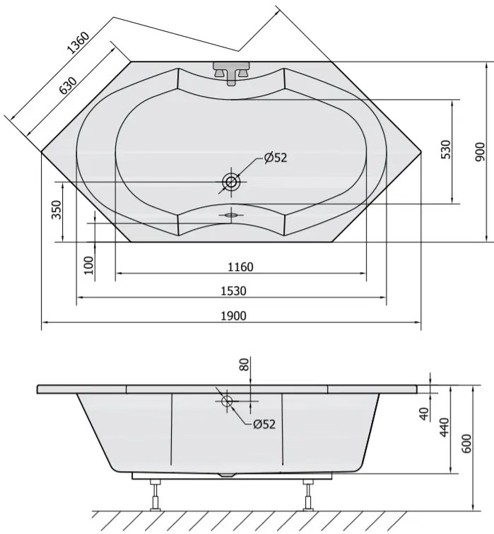 Polysan TOKATA akrylátová vana 136x136x44 cm, bílá, 17111