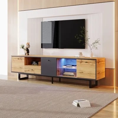 Aosom Lowboard TV skříňka s LED osvětlením, skleněnými přepážkami a panty s pufrem v moderním designu, dřevěná barva
