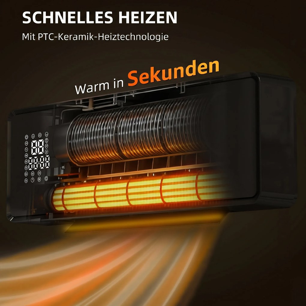 HOMCOM Nástěnný keramický elektrický ohřívač 2000 W, ventilátor, termostat, časovač, dálkové ovládání, skleněný panel, černý
