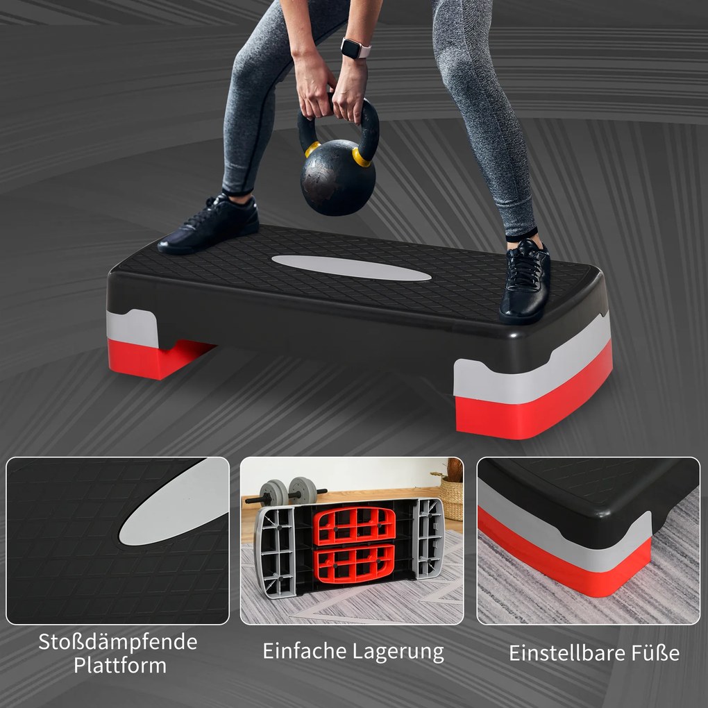 HOMCOM Stepping Board Aerobic Fitness s nastavitelnou výškou (10/20 cm), cvičební kolo Stepper, černá+šedá+červená, 68x28x15cm