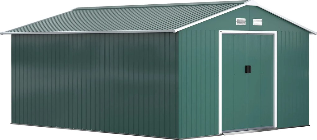 Kovová zahradní kůlna Outsunny 12,4 m², s šikmou střechou, posuvnými dveřmi a základem, 386 x 340 x 200 cm, odolná vůči počasí, pro zahradu, tmavě zel