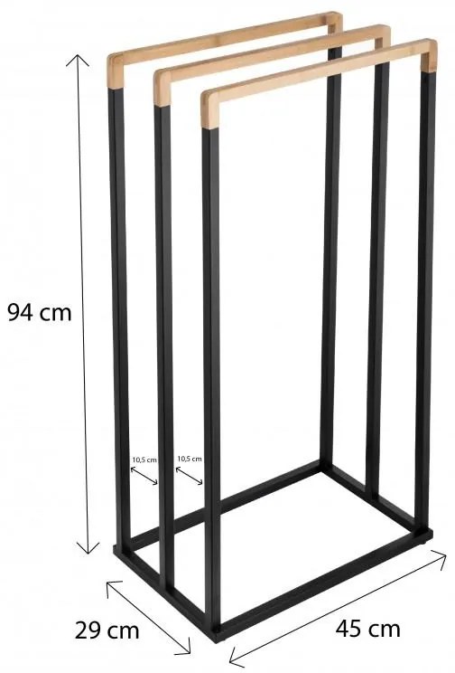 Erga Bila, 3-ramenný věšák na ručníky na postavení 45x29x94 cm, černá matná-hnědá, ERG-YKA-P.BILA3-BLK