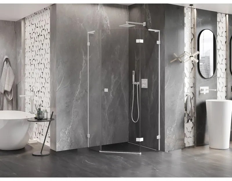 Mexen Lunar, L pravý výklopný pětiúhelníkový sprchový kout 80 x 80 cm, 8mm čiré sklo, bílý profil, 831L-080P-080L-20-00-P