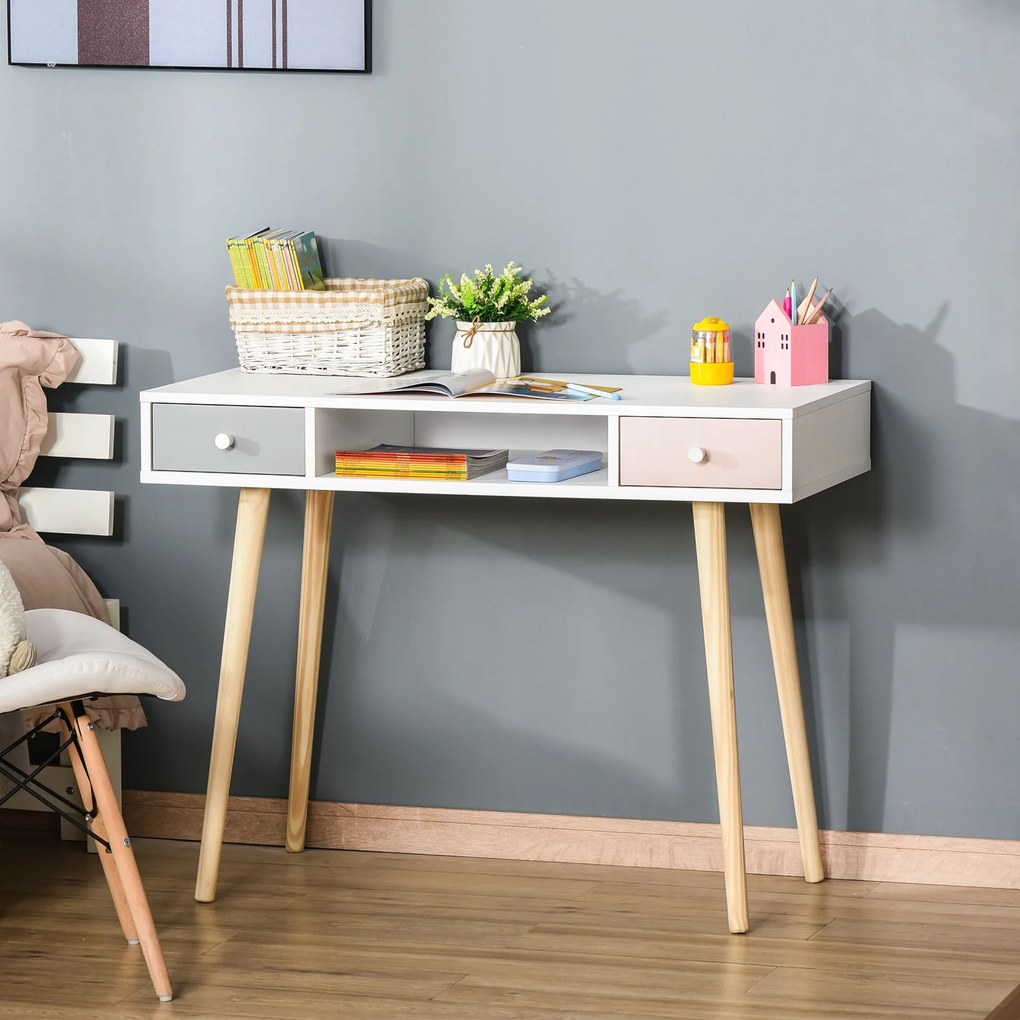 Dětský stůl HOMCOM s 1 otevřenou přihrádkou a 2 šuplíky v severském stylu pro studijní místnost, vstup a ložnici 100x48x76,5 cm v multicolor provedení
