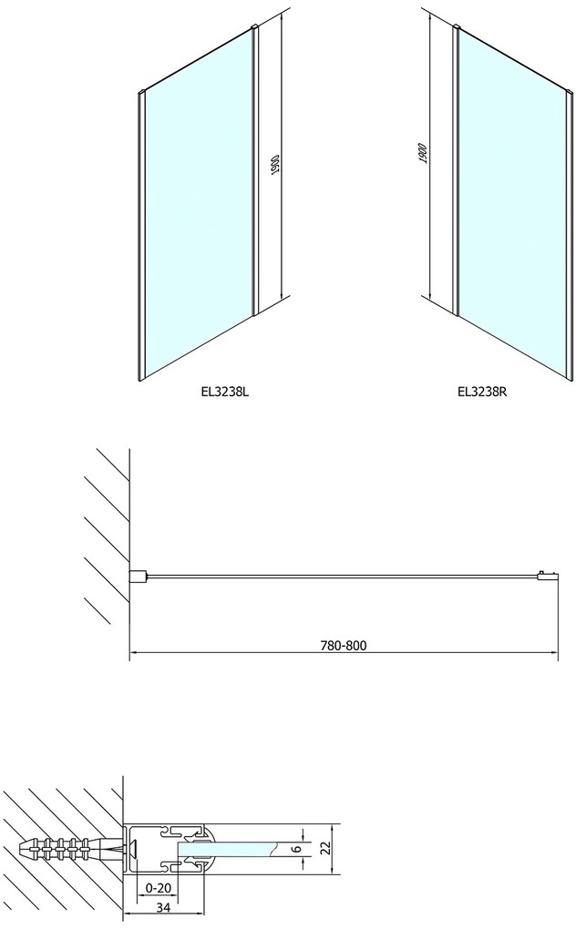 Polysan EASY LINE boční stěna 800mm, sklo BRICK, EL3238
