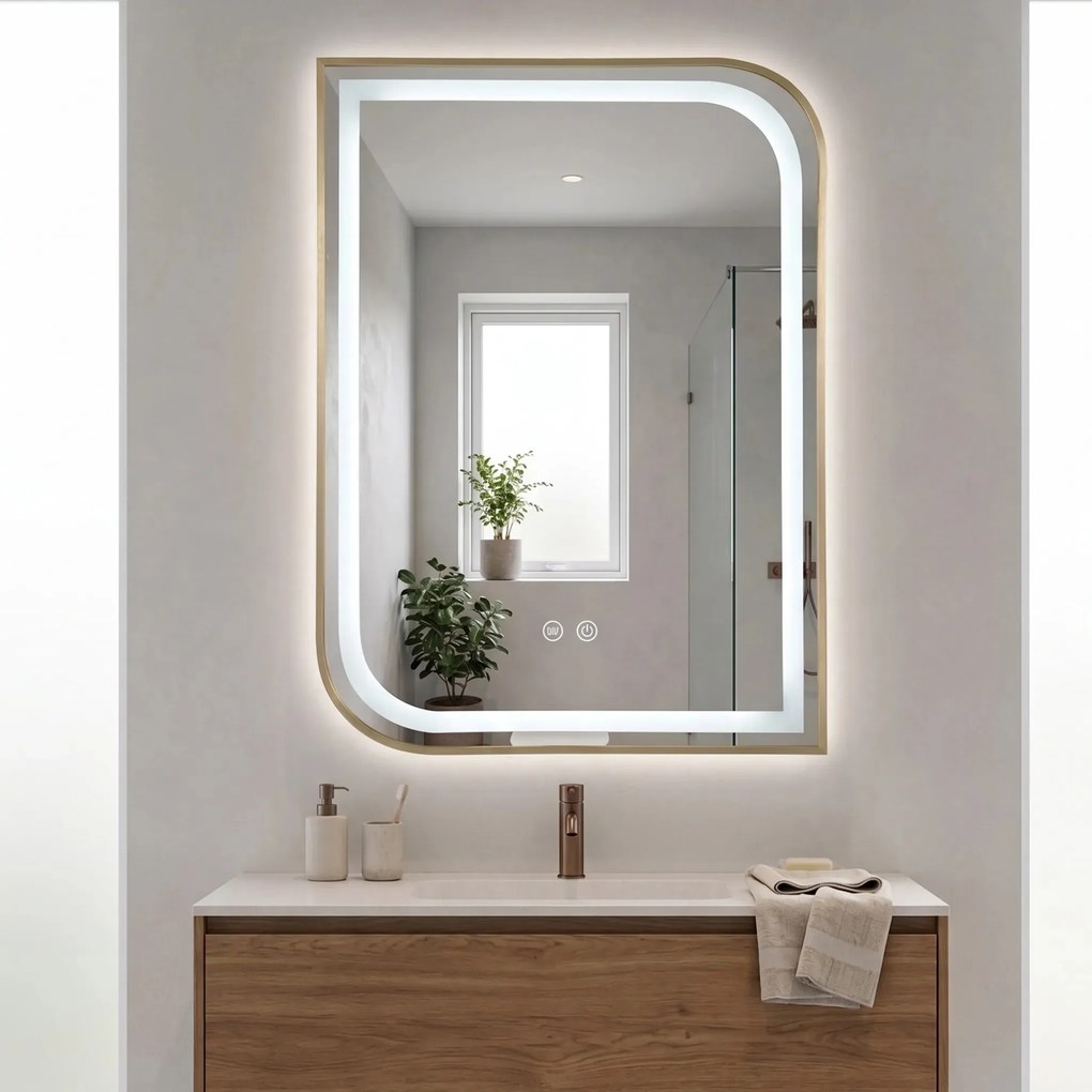 Tutumi Zrcadlo 70x50 cm s vyhříváním a regulovatelným LED osvětlením HOM-00303 zlatá