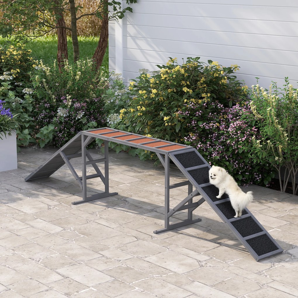 Agility lávka pro psy s bezpečnostní tyčí protiskluzový povrch odolný proti povětrnostním vlivům agility vybavení do 40 kg 335x55x60 cm šedá