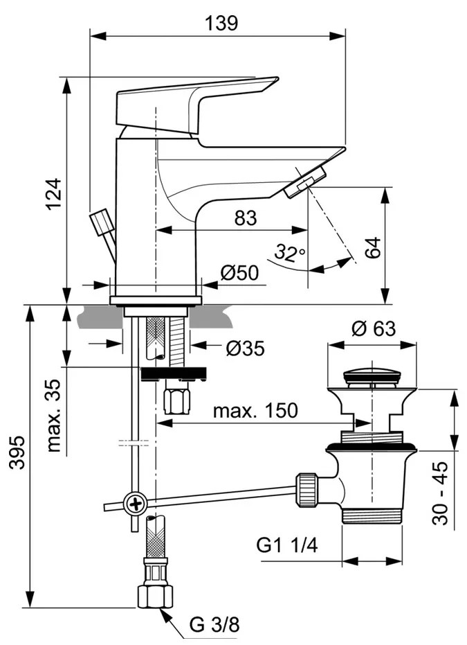 Ideal Standard Tesi - Umyvadlová baterie PICCOLO, s odtokovou garniturou, Chrom, A6566AA