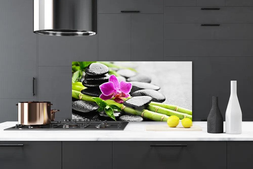 Kuchyňský skleněný panel Bambus Květ Kameny Umění 140x70 cm