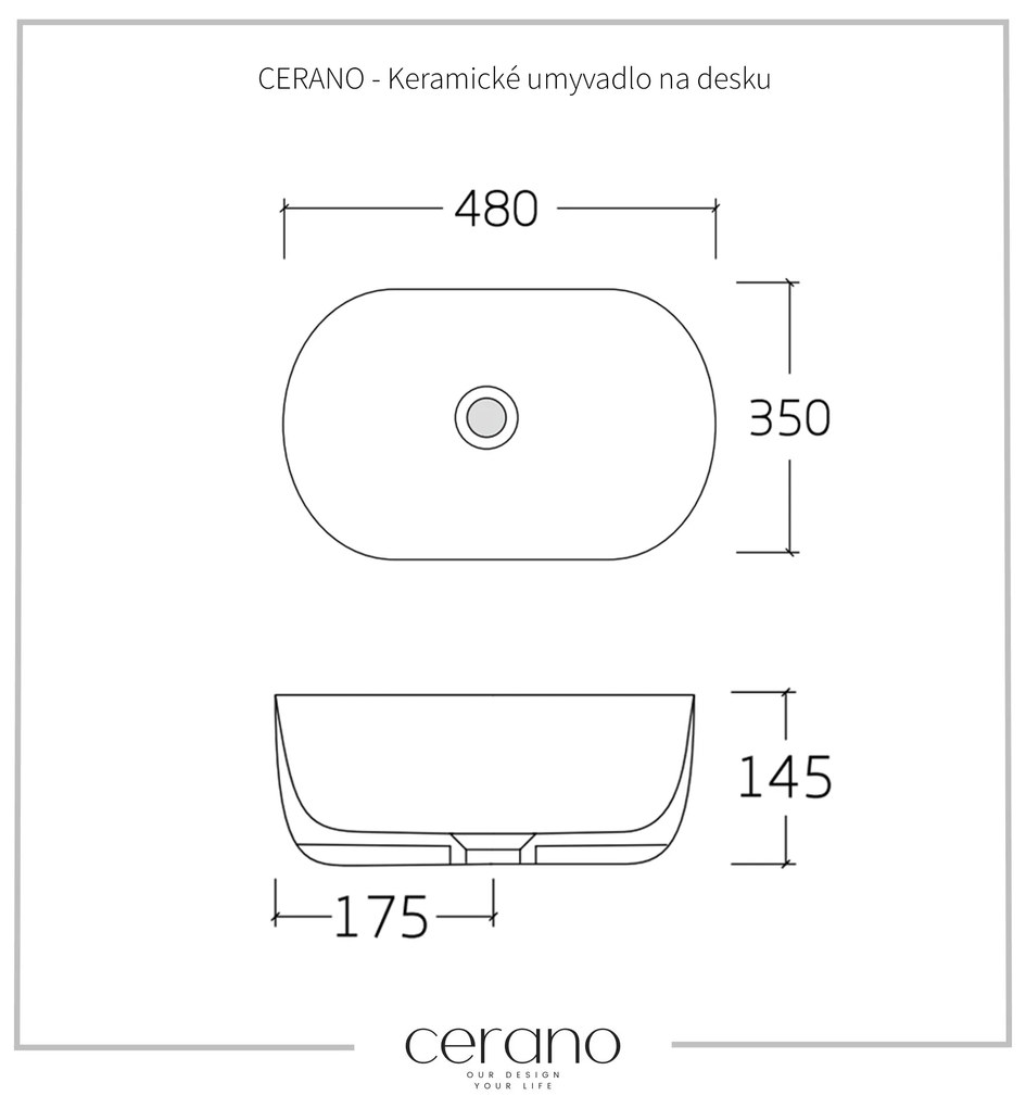 CERANO - Keramické umyvadlo na desku Deno - bílá lesklá - 48x35 cm