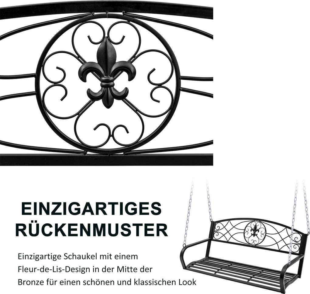 Zahradní houpačka Outsunny Hollywood odolná proti povětrnostním vlivům 2místná závěsná lavice s řetězy kovová černá 132 x 63 x 58 cm pro zahradu a te…