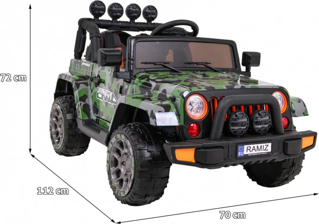 Ramiz Dětské terénní auto Full Time 4WD maskáčové na dálkové ovládání + pohon 4x4 + LED audio + úložný prostor