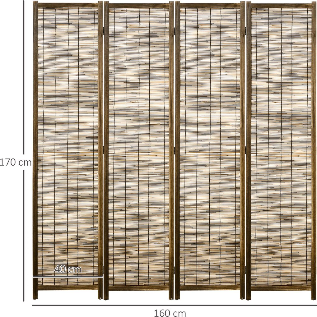 HOMCOM 4-panelový skládací paravan 160 cm x 1.8 cm x 170 cm Rustikální dřevěný a rákosový oddělovač místností pro kancelář, ložnici, obývací pokoj