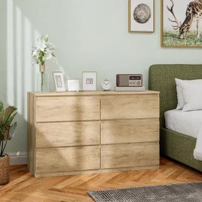 HOMCOM komoda 6 zásuvek úložný nábytek bez úchytek minimalistický design 120 x 39 x 75 cm dub