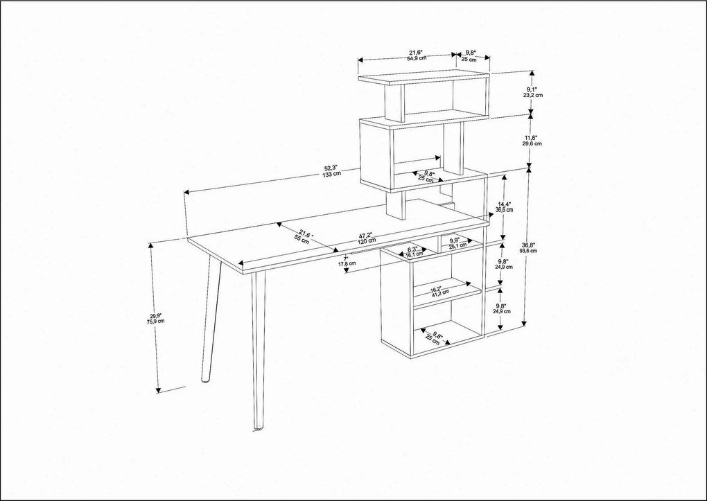 Psací stůl VINA s vestavěnou knihovnou bílý