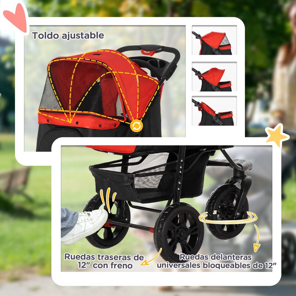 Skládací kočárek pro psy PawHut s 3 koly, síťovanými okny, košíkem a bezpečnostními popruhy, nosnost 25 kg, rozměry 109,5x57,5x106,5 cm, červený