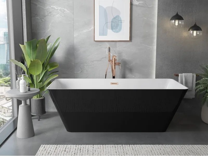 Mexen Velo Slim, volně stojící vana 170 × 75 cm, bílá/černá lesklá, růžové zlato přepad, 52811707575-60