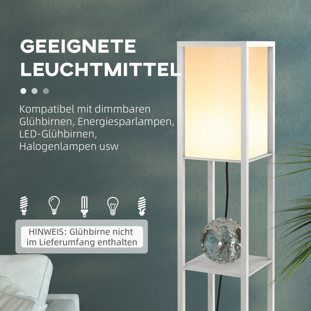 HOMCOM Stojací lampa elegantní stojací lampa se 3 policemi E27 do 40W pro obývací pokoj a ložnici E1 MDF akryl bílá 26x26x160cm | Aosom.de