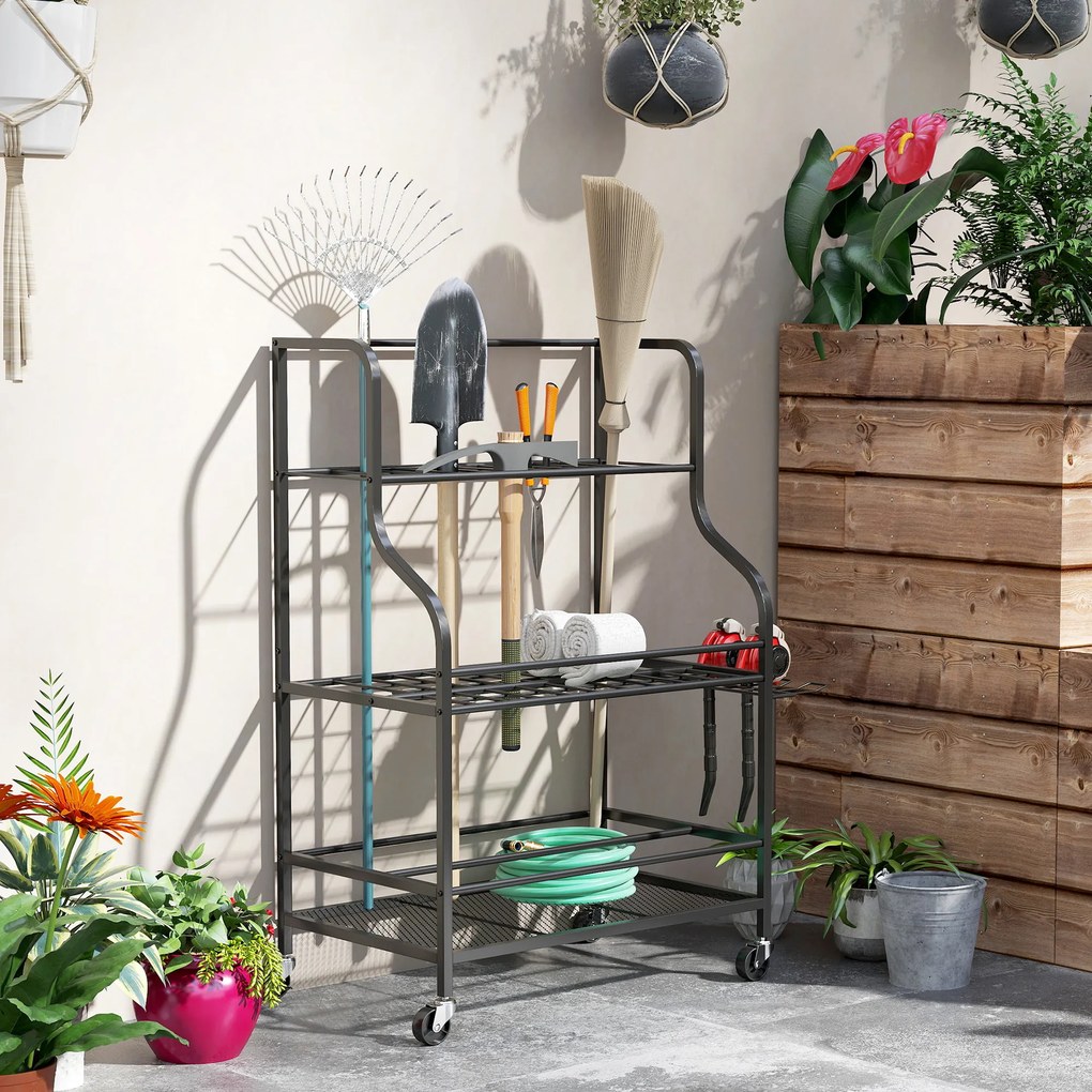 Organizér na zahradní nářadí 3-patrový stojan na zahradní nářadí s háky do 40 kg zátěže 77x40x97cm černý