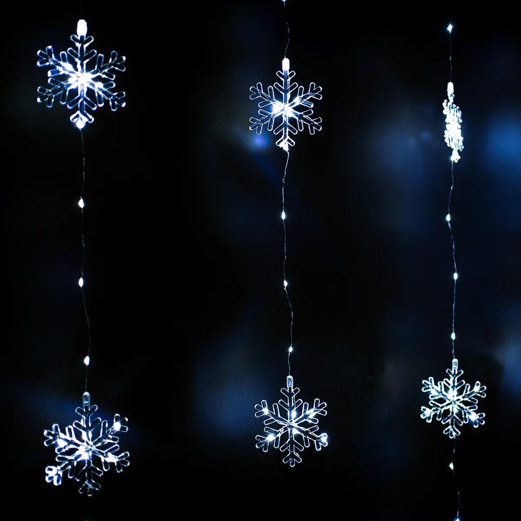 Světelný venkovní závěs Snowflakes, 120x120cm, LED, studená bílá, časovač, 8 funkcí, na baterie, 120 cm
