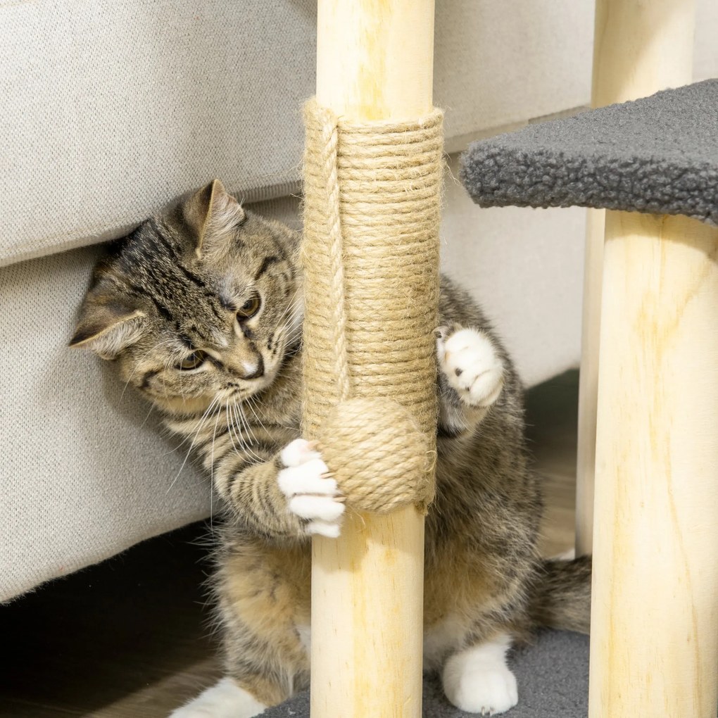 PawHut Kočičí Schody 3-Stupňové, 48 cm Pet Schody s Sisalovým Sloupem, Psí Schody s Hračkou, Pomůcka pro Vstup na Vyšší Postele, Borovicové Dřevo, Še…