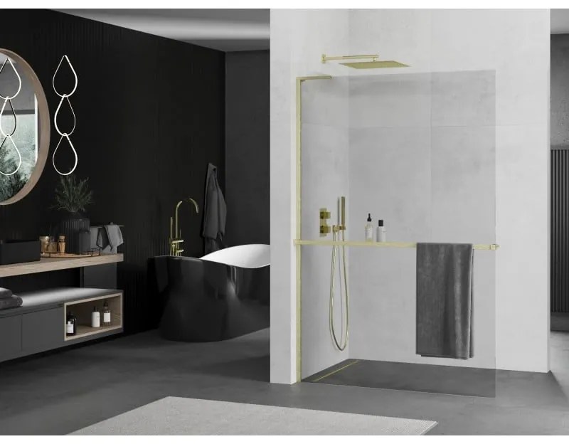 Mexen Kioto+ L, sprchová zástěna Walk-In s poličkou a věšákem 120 x 200 cm, 8mm čiré sklo, zlatý matný profil, 800-120-123-55-00