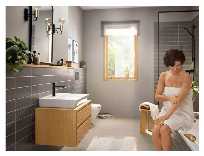 Hansgrohe Rebris E - Páková umyvadlová baterie 110 s odtokovou soupravou s táhlem, černá matná 72557670