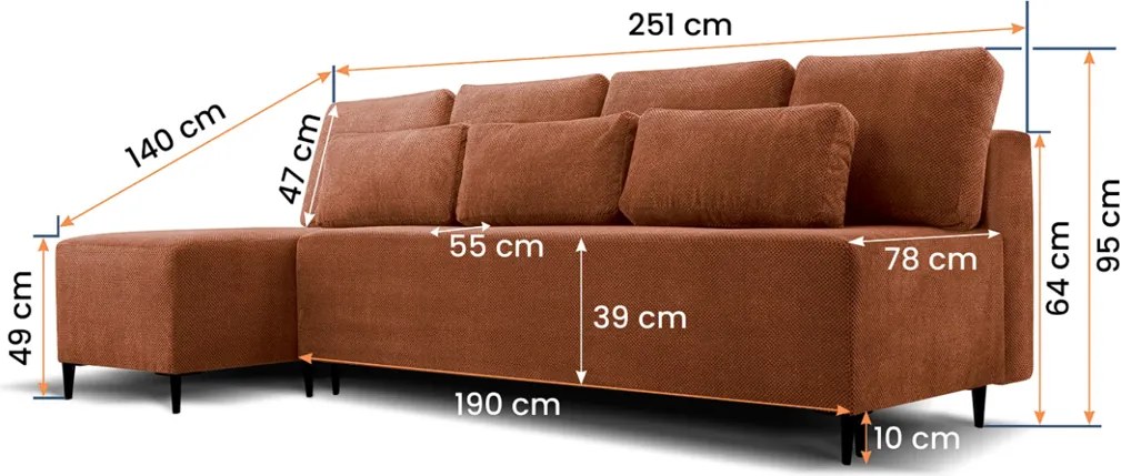 Rohová rozkládací sedací souprava do L MAROKO, 251 cm, s úložným prostorem Roh pohovky: Levý roh, Barva látky: Šedá (Onega 07)