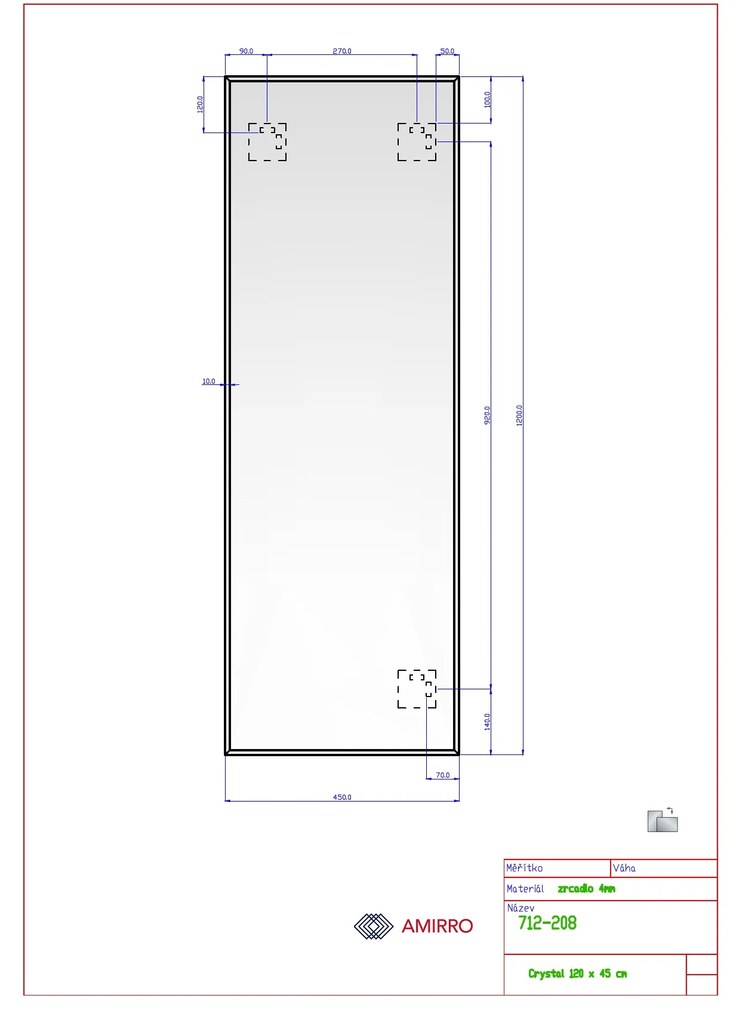 Amirro Zrcadlo na zeď do pokoje do ložnice do předsíně a na chodbu do koupelny nalepovací CRYSTAL 45 x 120 cm s fazetou 10 mm 712-208