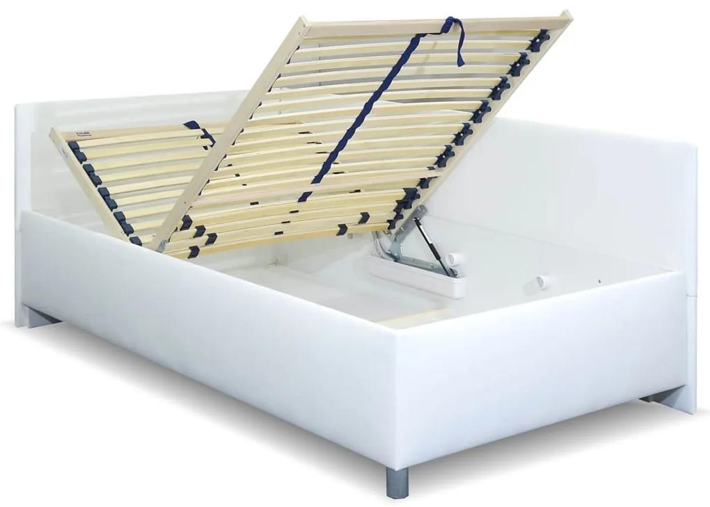 Rohová zvýšená čalouněná postel s úložným prostorem Ryana, 90x200, bílá