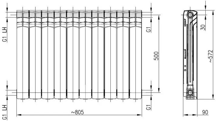 Armatura Radiátor HLINÍKOVÝ G500F 11-segmentový GRAPHITE LEVÉ rohové připojení (SADA)