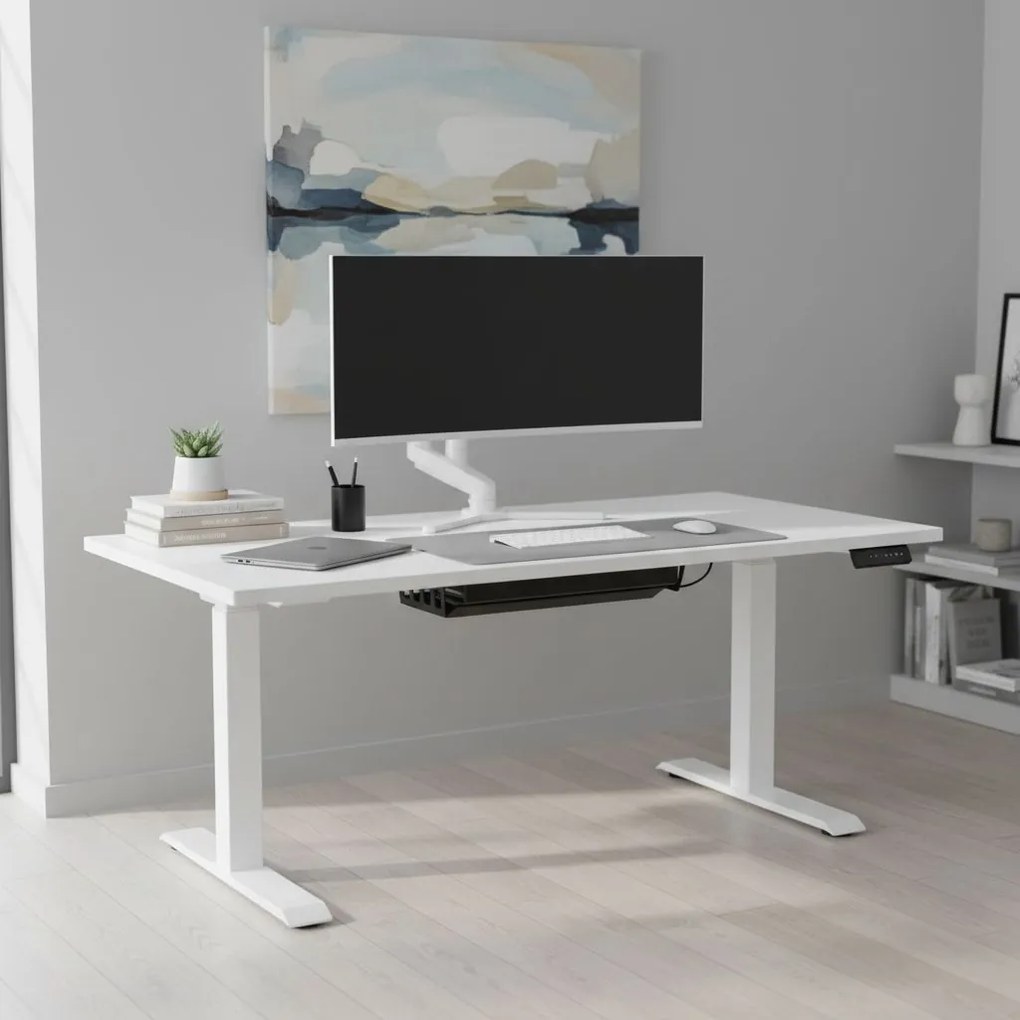Výškově nastavitelný stůl OfficeTech D, 160 x 80 cm, bílá podnož, bílá