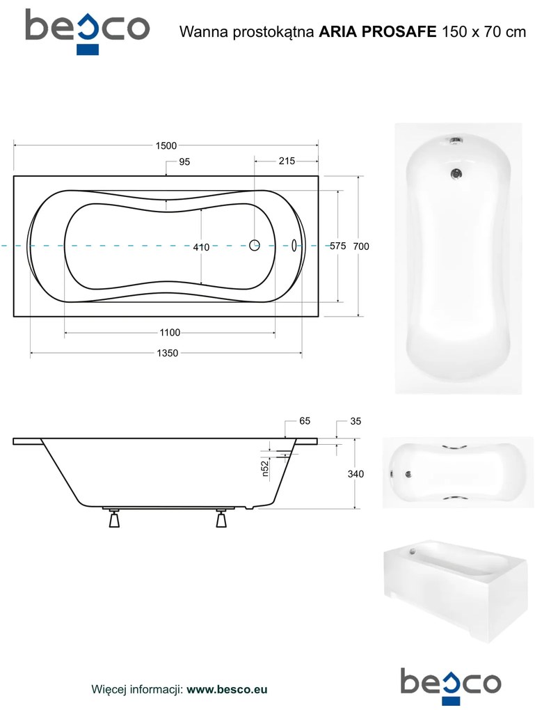 Hopa ARIA PROSAFE 150 x 70 cm VANARIA150PROS+OLVPINOZ akrylátová vana vč. noh