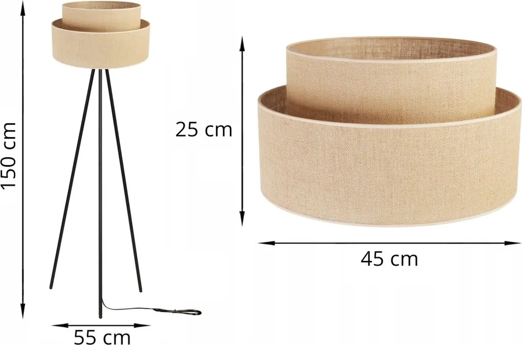 Stojací lampa Juta, 1x jutové stínítko, černá konstrukce, m