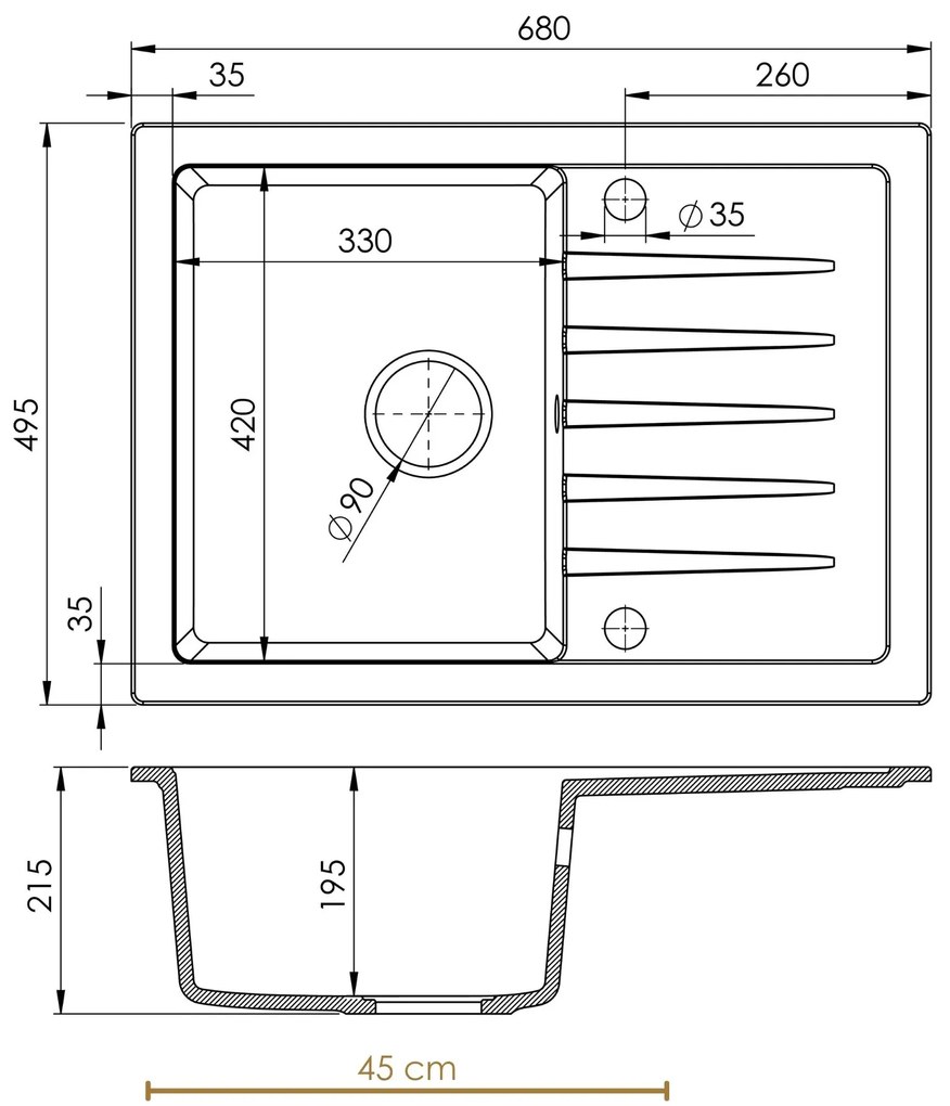 Sink Quality Titanite, kuchyňský granitový dřez 680x495x215 mm + zlatý sifon, černá skvrnitá-Brocade, SKQ-TIT.B.1KKO.XG