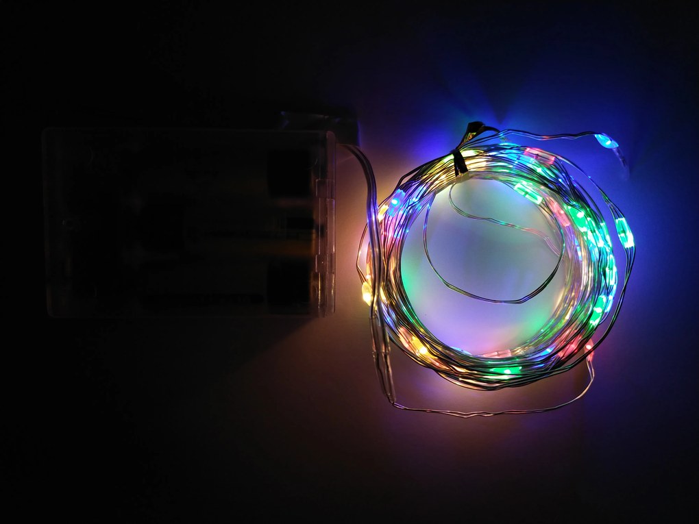 Vánoční mikro řetěz na baterie, různobarevná, 10m, 100 LED