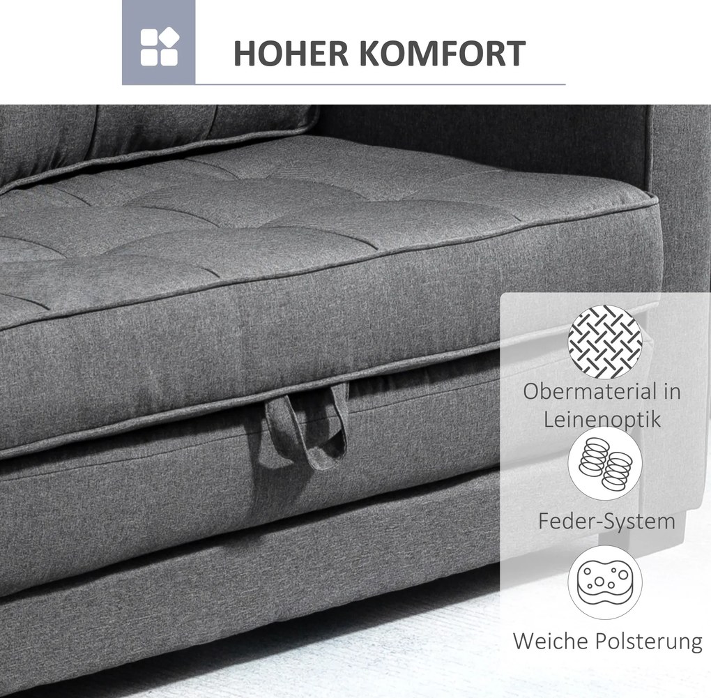 HOMCOM Rozkládací pohovka 2místná, rozkládací pohovka s funkcí spaní, lněný dotek, kaučukové dřevo, šedá, 147.5x75x85cm| Aosom
