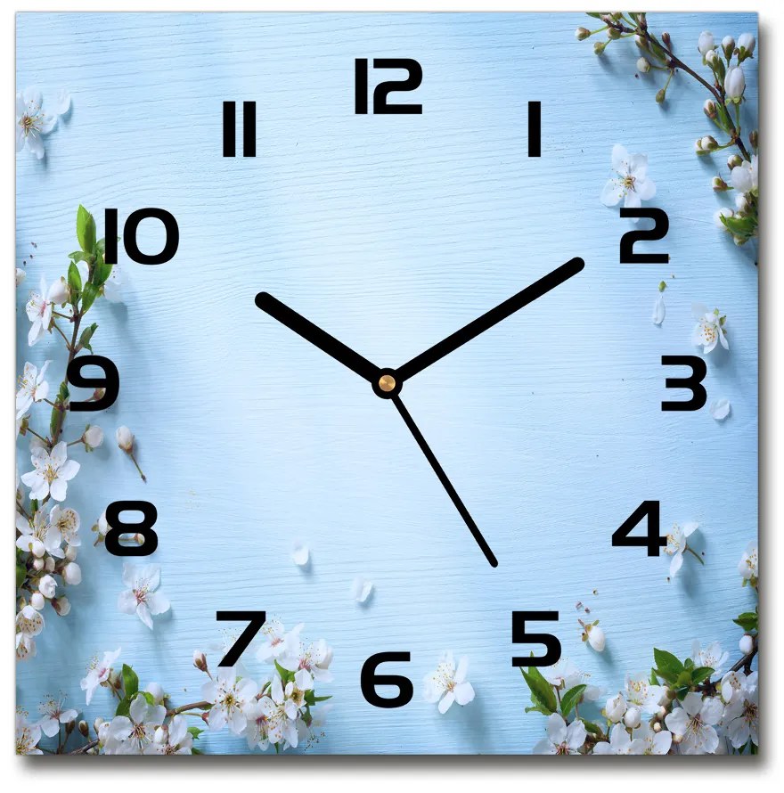 Wallmuralia Skleněné hodiny čtverec Květy višně pozadí 30x30 cm
