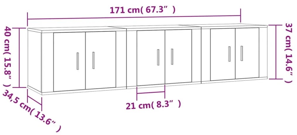 Nástěnné TV skříňky 3 ks betonově šedé 57 x 34,5 x 40 cm