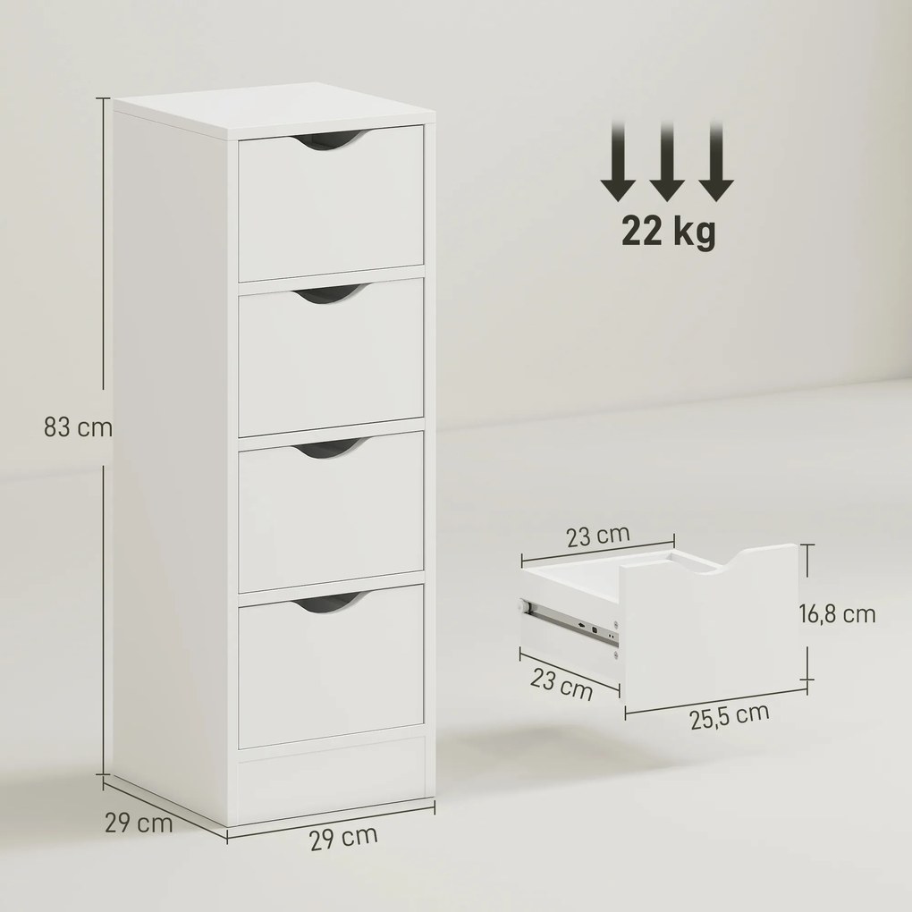 HOMCOM koupelnový nábytek, úložný prostor se 4 zásuvkami a úchopy, 29 x 83 cm, bílý