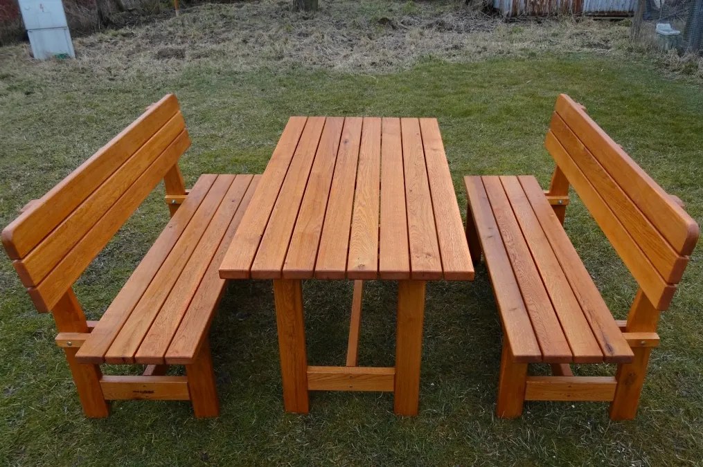 KULHÁNEK Zahradní dubová sestava - stůl, 2x lavice s opěradlem (klasické provedení) Délka: 150 cm, Odstín nátěru: individuální