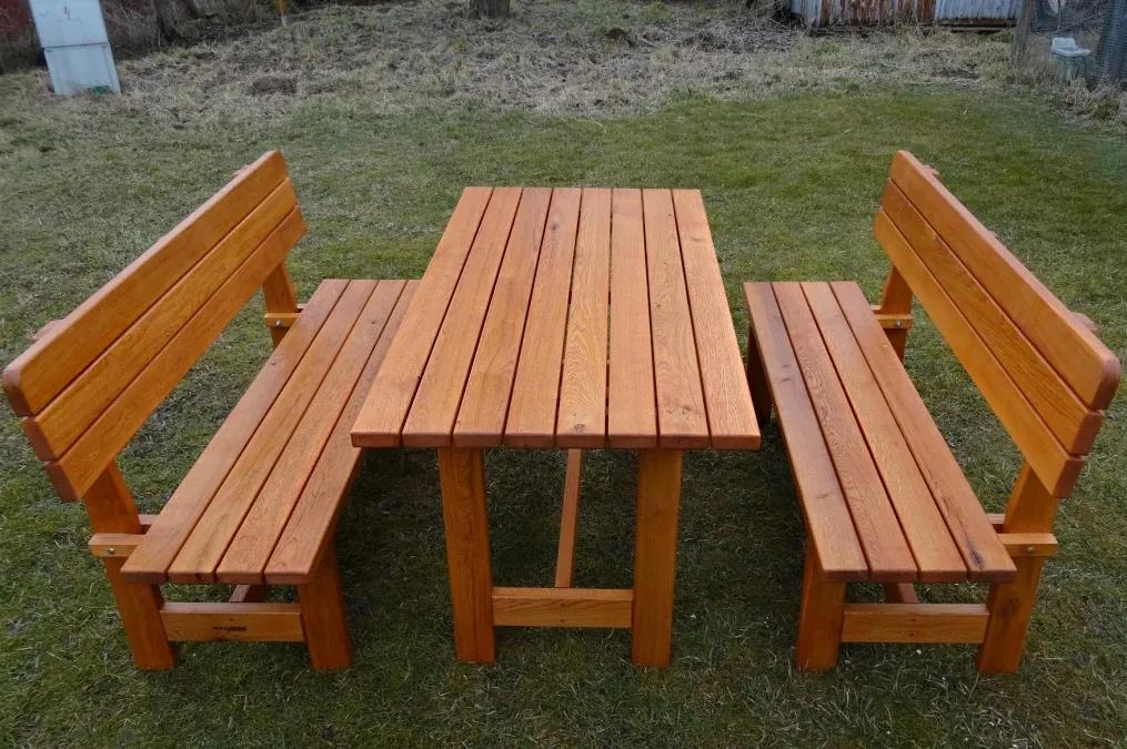 KULHÁNEK Zahradní dubová sestava - stůl, 2x lavice s opěradlem (klasické provedení) Délka: 160 cm, Odstín nátěru: individuální