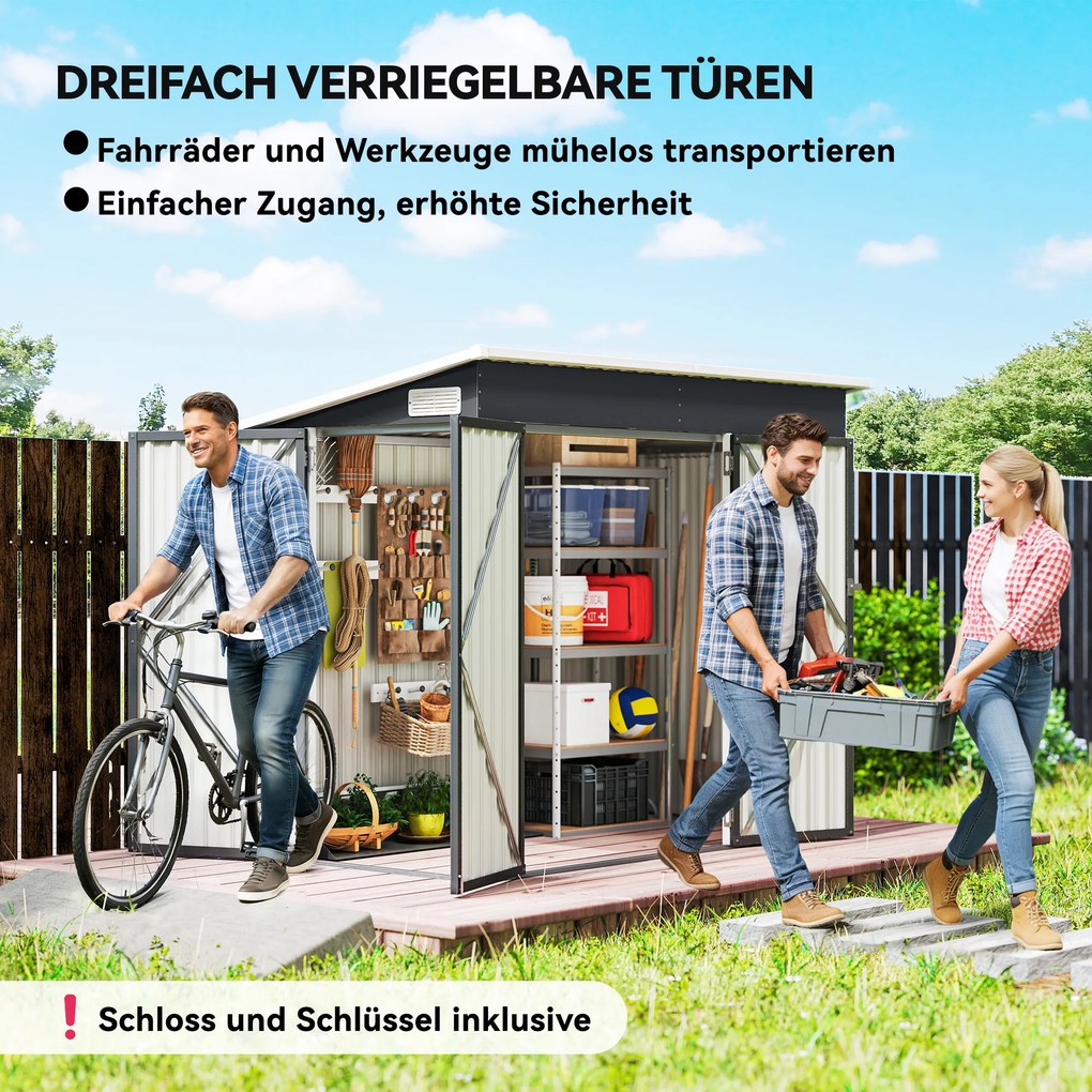 Outsunny plechový zahradní domek 2,68 m² – zamykatelný, 3 dveře, větraný, pultová střecha, rukavice v balení (234 × 132 × 185 cm)