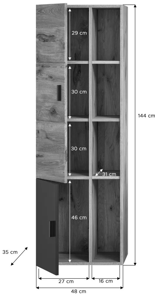 Závěsná skříňka s přihrádkami Grado, dub nox/šedá