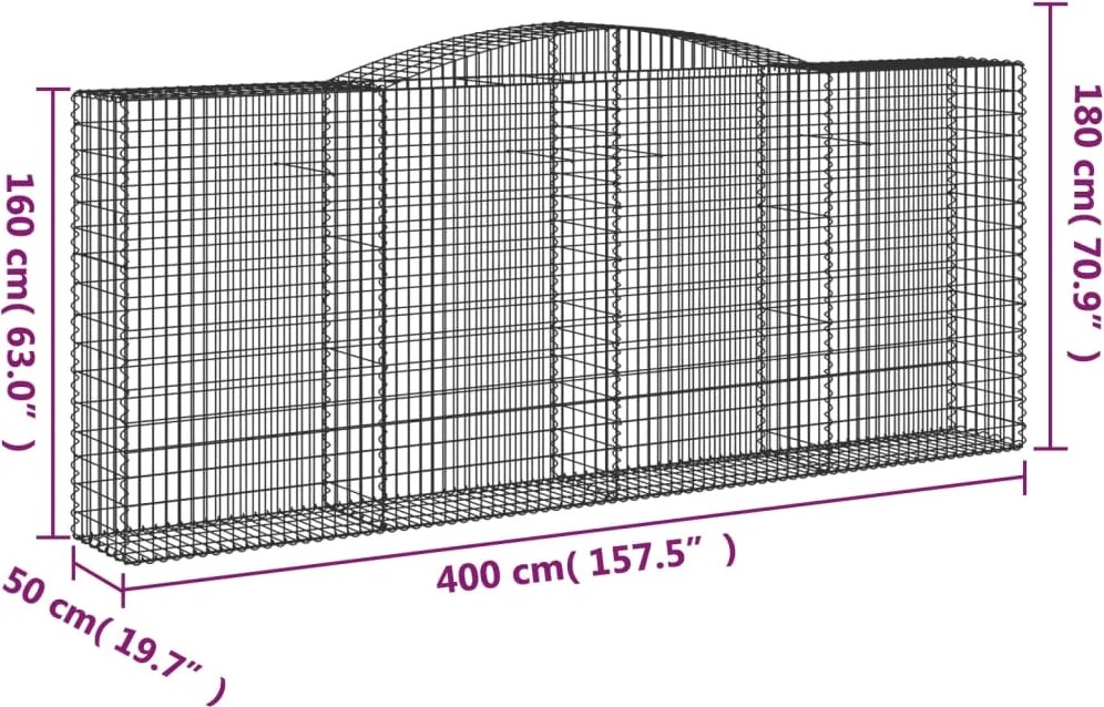 Klenutý gabionový koš 400 x 50 x 160/180 cm pozinkované železo 153538