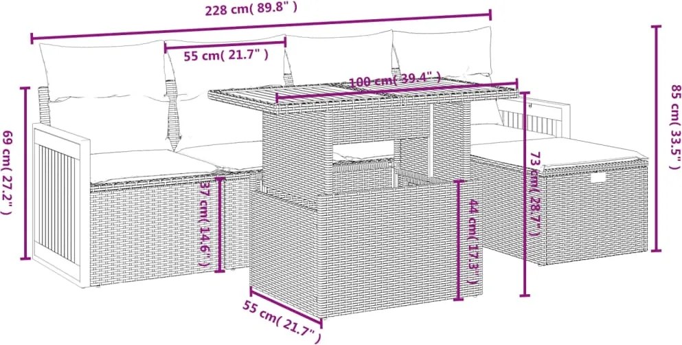 6dílná zahradní sedací souprava s poduškami šedá polyratan 3276245