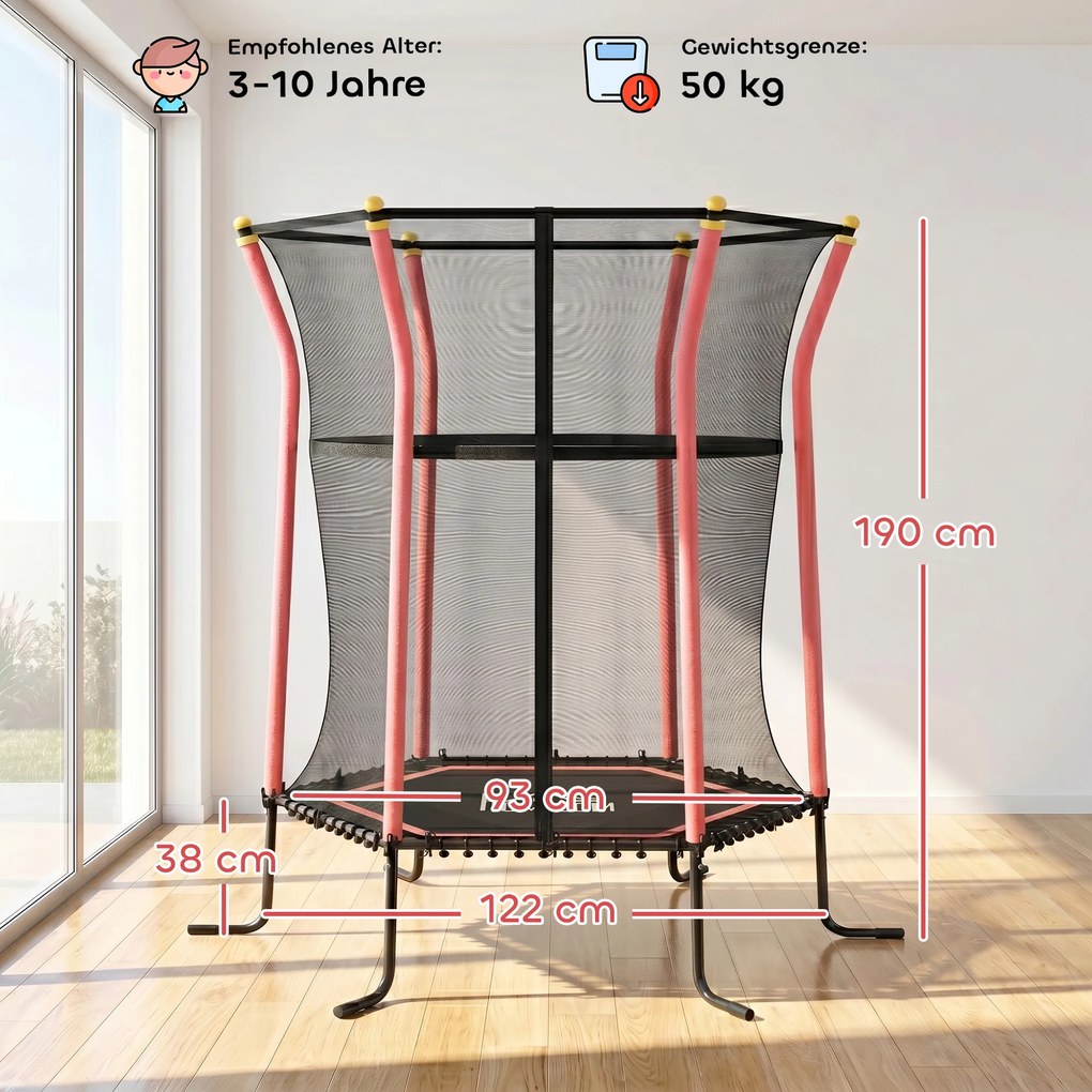 HOMCOM dětská trampolína Ø163,5 cm, vnitřní trampolína s ochrannou sítí, kryt okraje gumovým lanem, dětská trampolína do 50 kg, pro děti 3-10 let čer…