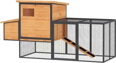 PawHut kurník ze dřeva a oceli s výběhem, hnízdní box, zásuvka na sběr, sklápěcí střecha 192x81,5x104 cm, oranžová
