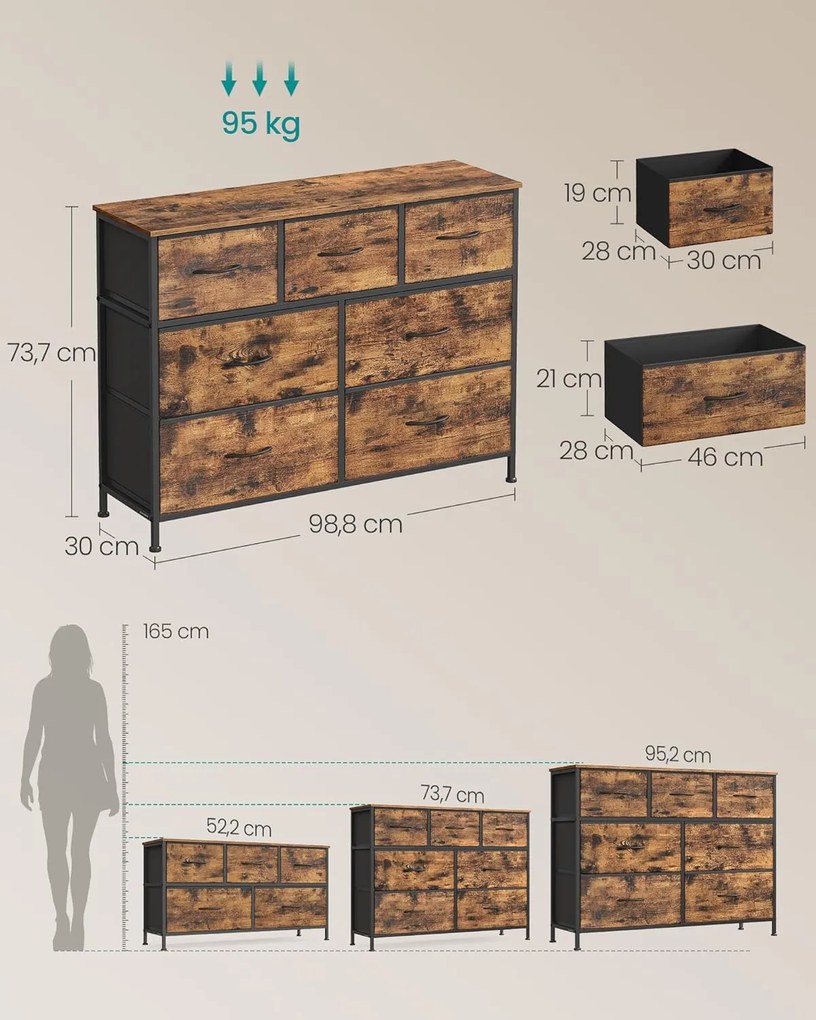 Komoda s látkovými zásuvkami Vasagle Busman 99 cm černá/hnědá